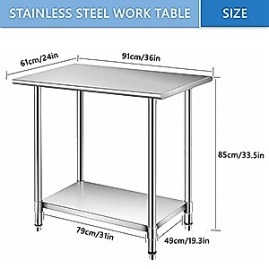 MYOYAY Stainless Steel Table for Prep & Work 24 x 36 Inch 550lbs Load Capacity Commercial Kitchen Table Heavy Duty Metal Worktable Workstation with Adjustable Undershelf for Restaurant Hotel