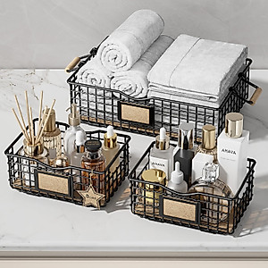 Qcold Bathroom Organizers and Storage, 3 Pack Storage Baskets for Shelves, Multipurpose Closet Storage Bins with Wooden Handle, Decor Organizer Basket Set for Bathroom, Laundry, Living Room - Black