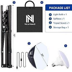 Softbox Photography Lighting Kit, NiceVeedi 20" Softbox Lighting Kit with 5400K 650W Equivalen LED Bulbs & 63" Tripod Stand, Studio Light Kit for Photography Portraits Advertise Shooting, Video Record