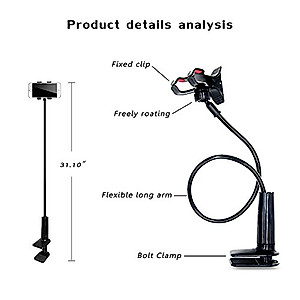 AUXO-FUN Cell Phone Holder, Universal Lazy Bracket Mobile Phone Stand, Flexible Gooseneck Long Arm Clip (Black)