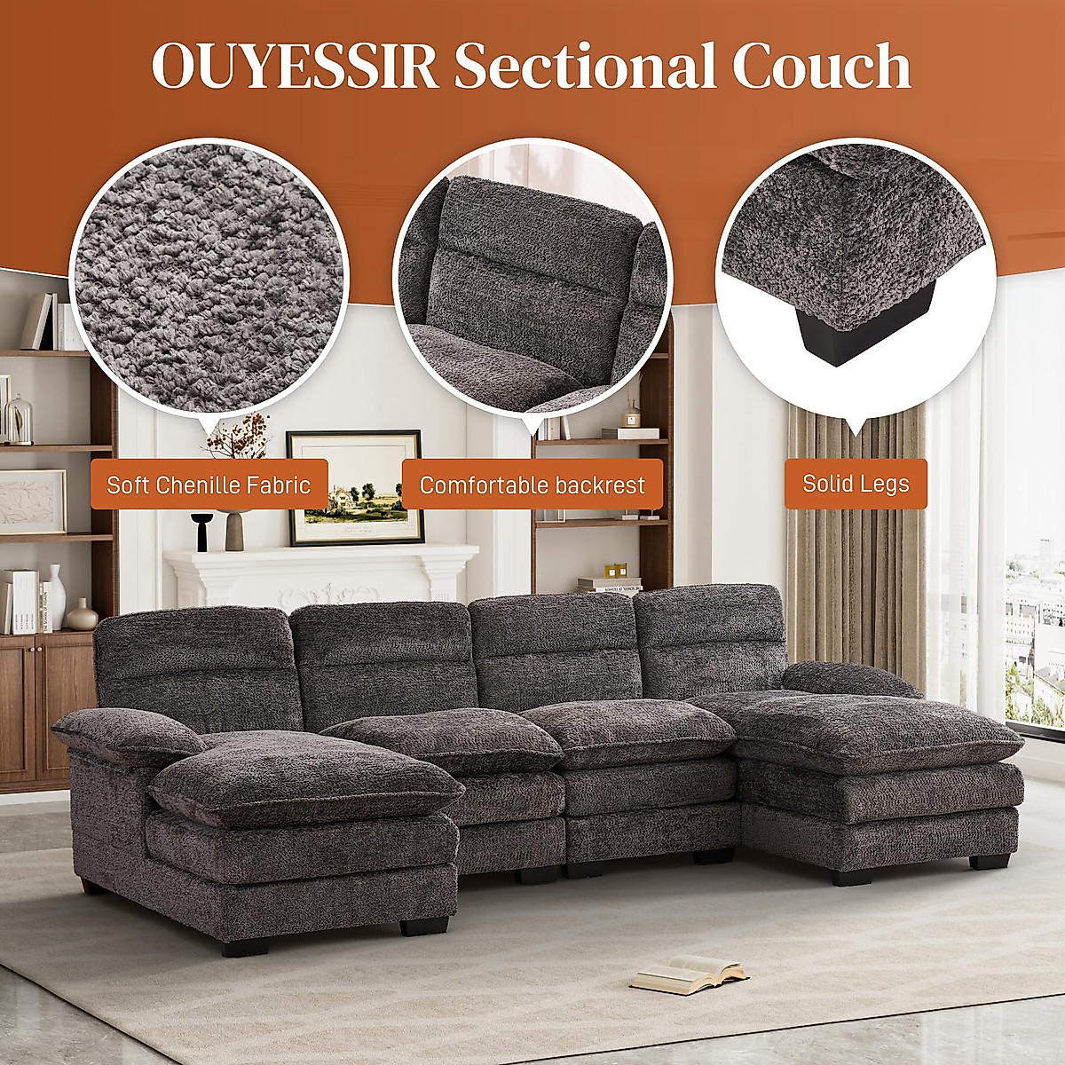 OUYESSIR U Shape Sectional Sofa Comfy Cloud Couch for Living Room, Modern Chenille Upholstery Sofa Sleeper Deep Couches with Double Chaise (Grey)