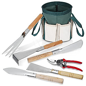 Makaduo Garden Tool Set with Bag 7 Piece Stainless Steel Heavy Duty Gardening Tools Set with Wood Handle Gardening Hand Tools kit with Pruning Shear for Planting Gardening Gift for Women Men