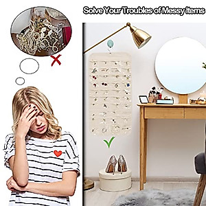 KIMCHOMERSE Hanging Jewelry Organizer Double Sided 80 Pockets Jewelry Storage Holder Bag for Home and Travel to Organize Necklaces Bracelets Earrings Rings Chains Hairpin Headband - Beige