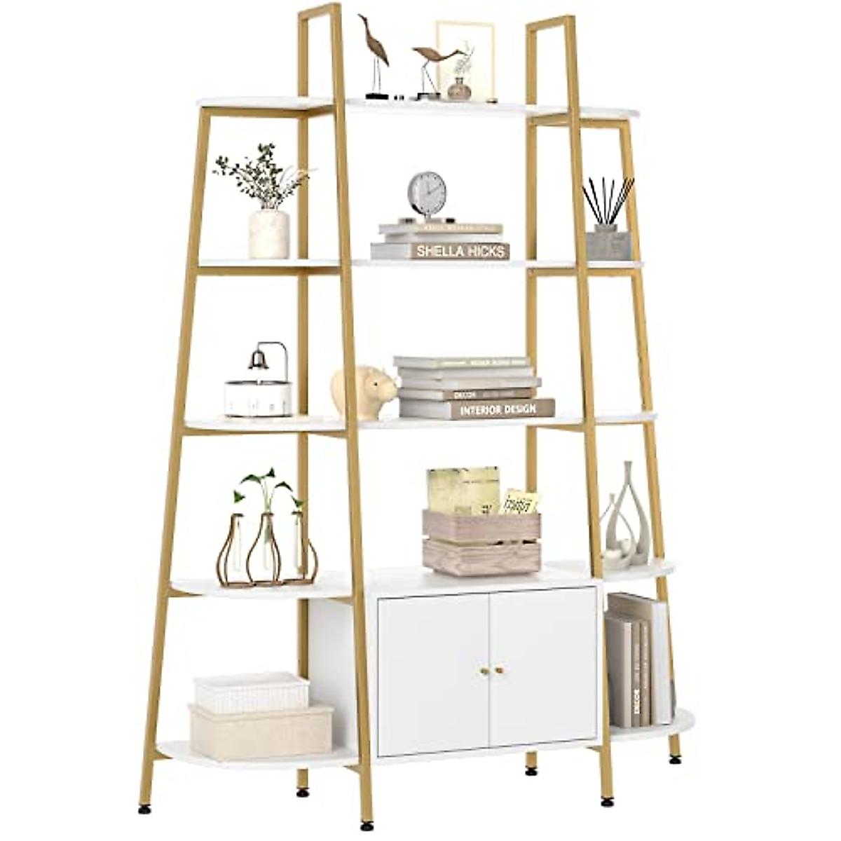 finetones Triple Wide 5-Tier Bookcase with Cabinet, White Bookshelf with Gold Metal Frame, Industrial Style Free Standing Bookshelf, Adjustable Feet, Large Open Display Shelves for Home & Office