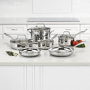 Cuisinart Classic Pots & Pans Set, 10 pcs Cookware Set with Saucepans, Saute pans, & Skillets- Tapered Rims for Drip Free Pouring & Cool Grip Handles, Stainless Steel, TPS-10