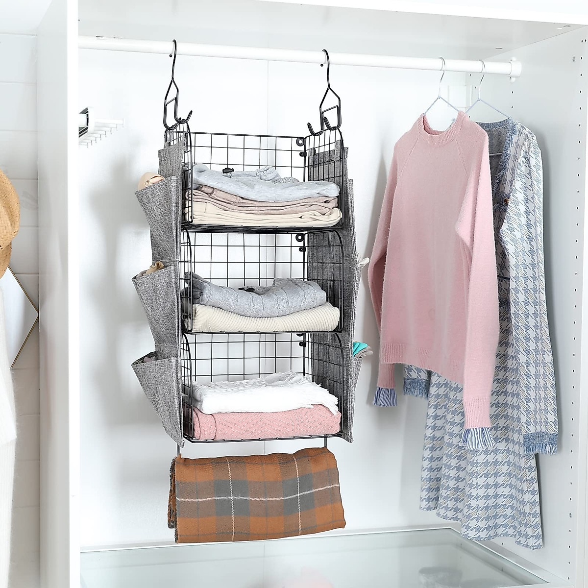 3 Tier Hanging Shelves Wall Mount Metal Wire Basket with 9 Canvas Pockets &Removable Hooks,Foldable 3-Shelf Clothing Closet Storage Organizer for Bedroom Baby Nursery Cloth Sweaters Handbags Cap Black