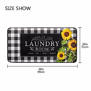 Black White Buffalo Plaid Laundry Room Rugs Sunflower Non Slip Laundry Mats Farmhouse Kitchen Floor Mat Bathroom Laundry Room Decor Accessories 39" X 20"