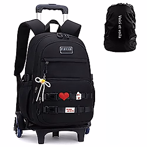 Voici et Voila Rolling Backpack for Girls Wheeled Backpack Roller Backpack for Kids 6 Wheels Backpack with Wheels Girls Solid Color Cute Elementary Roller School Bag for Girls