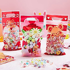 JOYIN 48 Pcs Valentine’s Day Gift Bag Plastic Treat Bags, Cellophane Candy Bags in 6 Designs with Heart Shaped Window for Kids Valentine Party Favor Supplies, Classroom Gift Exchange Goodie Bags