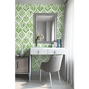 HAOKHOME Boho Peel and Stick Wallpaper Floral Tulip Leaves Green/White Removable Bathroom Kitchen Contact Paper Home Wall Decor 17.7in x 9.8ft