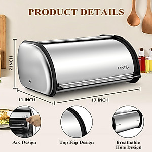 ENLOY Bread Box for Kitchen Counter, Stainless Steel Roll Top Bread Bin, Sliver Bread Storage Holder with Lid, Large Capacity Bread Keeper, 17 x 11 x 7 Inches
