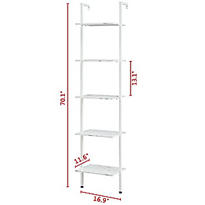 Tajsoon Industrial Bookcase, Ladder Shelf, 5-Tier Wood Wall Mounted Bookshelf with Stable Metal Frame, Storage Shelves for Bedroom, Home Office, Collection, White