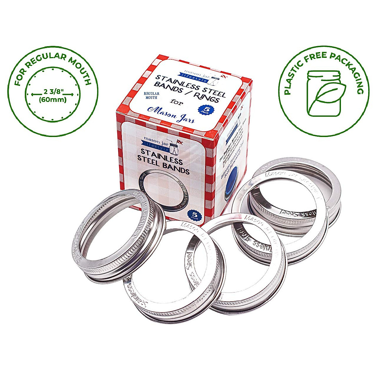 Stainless Steel Rust Proof Bands/Rings for Mason, Ball, Canning Jars (5 Pack, Regular Mouth)