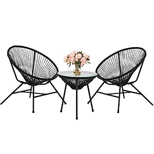 Acapulco Patio Bistro Set 3-Piece Outdoor Furniture Set All-Weather Woven Rope Patio Conversation Set with Glass Top Table and 2 Chairs (Black)