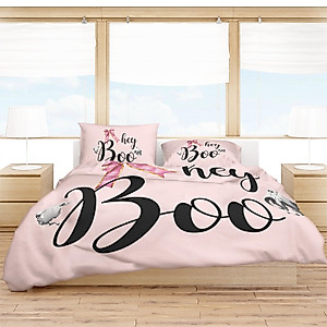 Halloween Duvet Cover Queen Size, Hey Boo Ghost Pink Bow Knot Comforter Cover with Zipper Closure, 3 Piece Bedding Sets 1 Duvet Cover 90x92 Inches and 2 Pillow Shams