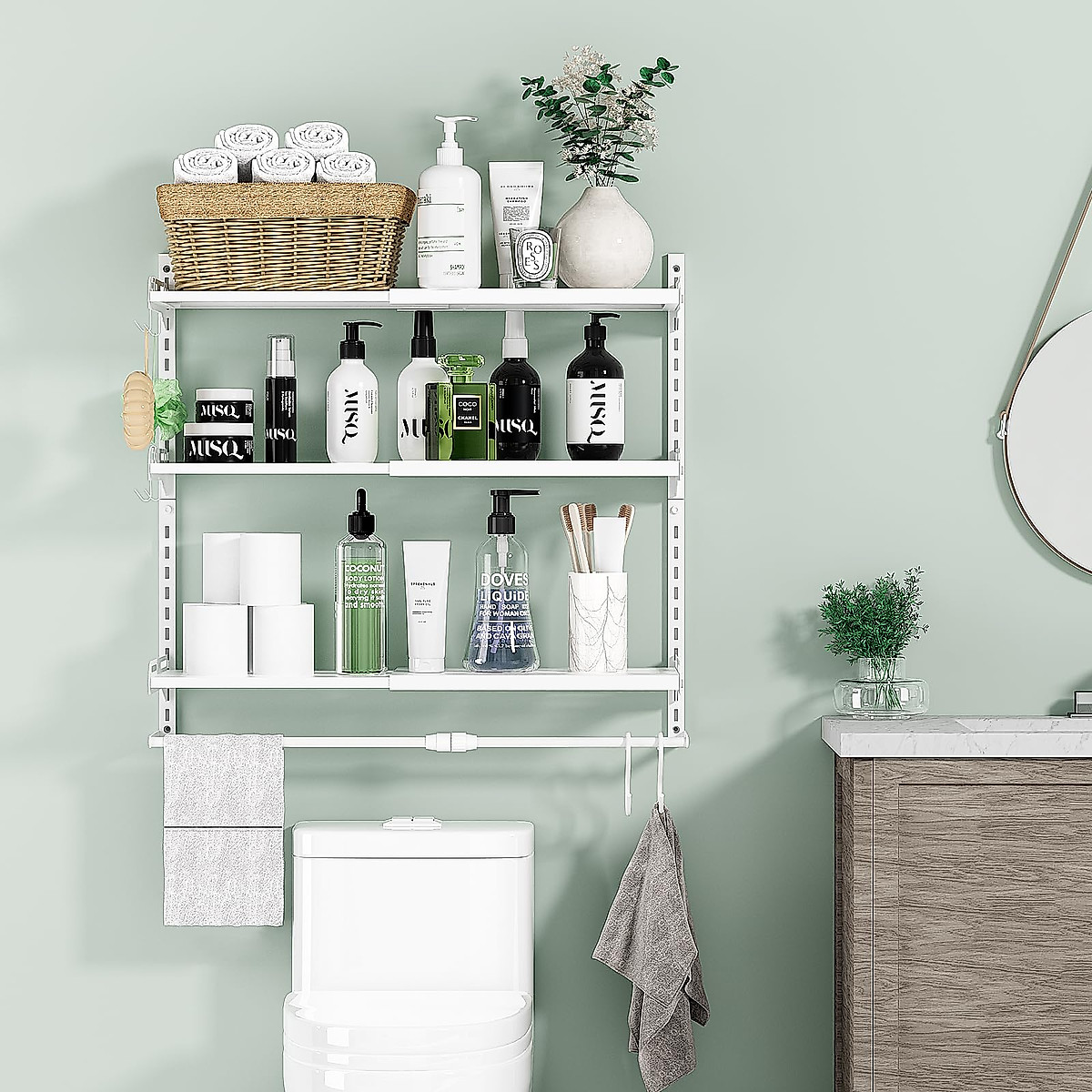 CPPDEL Over The Toilet Storage, 23.8" Lx8.46 Wx23.8 H, 3-Tier Adjustable Metal Bathroom Organizer Expandable Over Toilet Storage, Floating Heavy Duty Bathroom Storage, Space Saver w/Hanging Rod-White