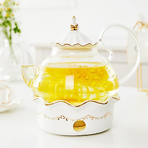 DUJUST Blooming Tea Pot Set, Luxury British Design with Relief Decor & Gold Trims, Hand-Crafted Clear Teapot with Warmer, 40oz Glass Teapot with Infuser, Stove-Safe Tea Party Gift & Home Décor