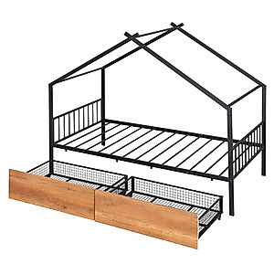 Metal House Bed for Kids, Twin Size Bed Frame with Storage Drawers and Slats, Kids Bed Frame with Headboard and Footboard, Twin Size House Bed for Kids, Girls, Boys(Twin Black)