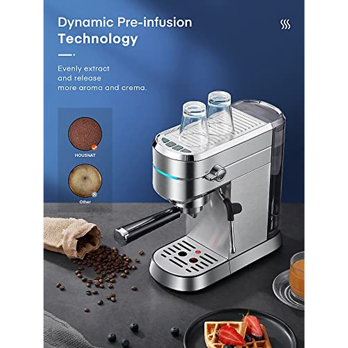 HOUSNAT Espresso Machine, 20 Bar Espresso Coffee machine and Cappuccino Maker with Milk Frother Wand, Automatic Espresso Latte Maker for Espresso, Cappuccino, Latte and Mocha, Compact Design