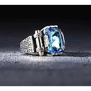 Man Silver Aquamarine Stone Ring, Blue Aquamarine Stone Ring, Vintage Men Ring, Turkısh Ottoman Men Ring, 925k Sterling Silver Ring