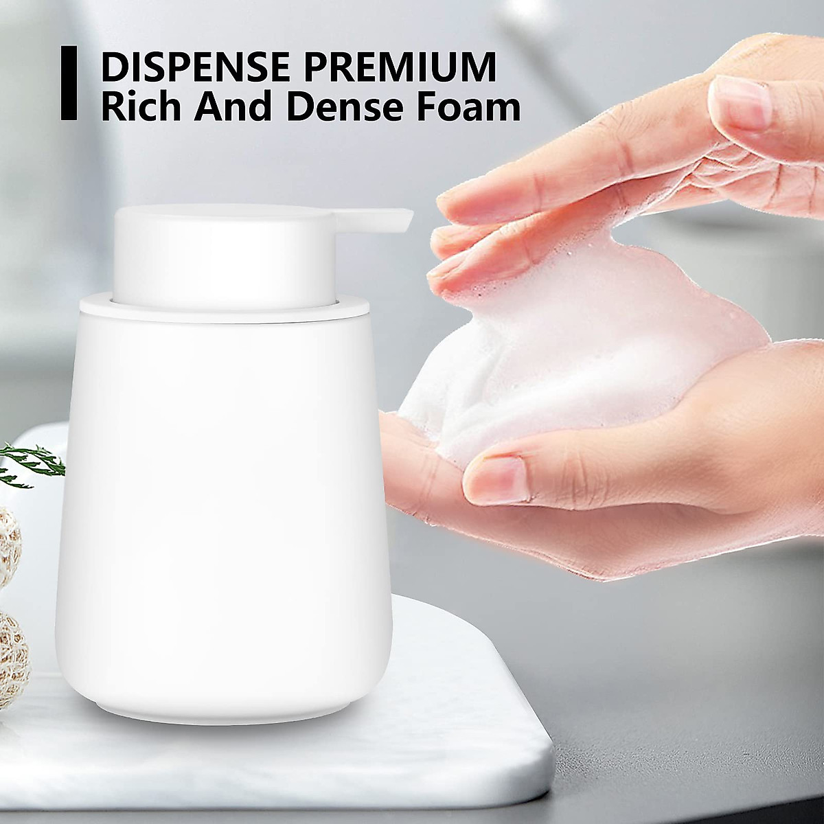 MIERTING Foaming Soap Dispenser, 2 Pack White Foam Hand Soap Dispenser for Bathroom & Kitchen, 12 Oz Modern Ceramic Hand and Dish Foaming Pump Bottle, Refillable Lotion Liquid Foam Pump Dispensers