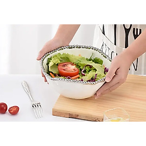 Pampa Bay Salerno Porcelain Salad Serving Bowl with Titanium-Plated Beaded Rim, Medium, White/Silver