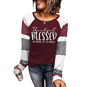 Thankful Blessed and Kind of a Mess Shirt Women Blessed Tshirt Color Block Splicing Top Thanksgiving Long Sleeve Shirt Red