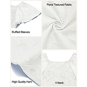 MEROKEETY Womens 2023 Summer V Neck Ruffle Sleeve Floral Dress Lace Flowy Smocked Midi Dresses,White,S