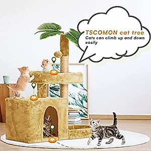 TSCOMON 31.5" Cat Tree Cat Tower for Indoor Cats with Green Leaves, Cat Condo Cozy Plush Cat House with Hang Ball and Leaf Shape Design, Cat Furniture Pet House with Cat Scratching Posts, Beige