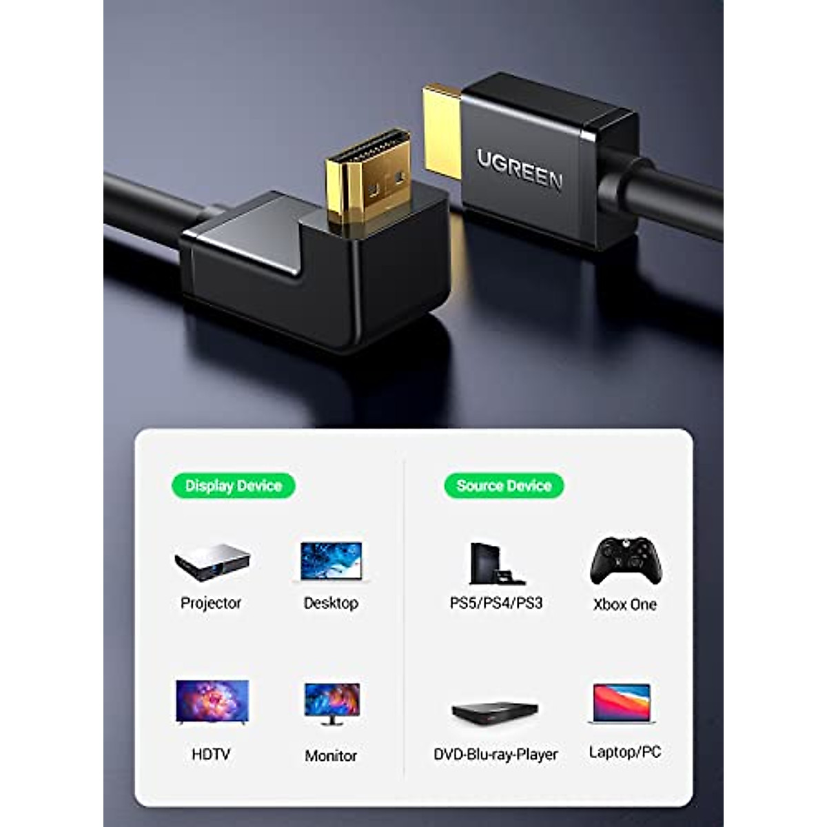 UGREEN HDMI Cable 4K Right Angle 270 Degree HDMI Cord High Speed HDMI 2.0 Cable 4K@60Hz HD 3D 1080P ARC Compatible for TV PC Nintendo Switch Xbox PS5 PS4 PS3 Laptop 3FT