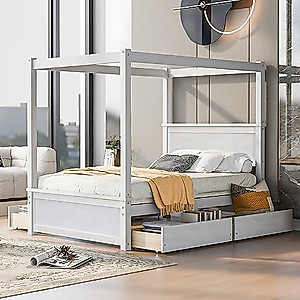 Wood Canopy Bed with 4 Storage Drawers, Full Size Canopy Platform Bed Frame with Headboard & Footboard for Kids Girls Boys, No Box Spring Needed (Brushed White)