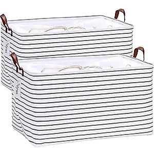 Hinwo 2-Pack Extra Large Canvas Fabric Storage Baskets with Handles, 70L Oversized Storage Bins, Collapsible Storage Box, Clothes, Toys, Blankets Organizers, 22 x 15 x 13 inches, (Grey Stripe)