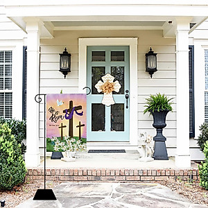 WATINC He is Risen Garden Flag Easter Cross Burlap Matthew 28:6 Vertical House Flag Double Sided Happy Easter Religious Jesus Christian Party Decorations Supplies for Lawn Yard Outdoor 12 x 18 In