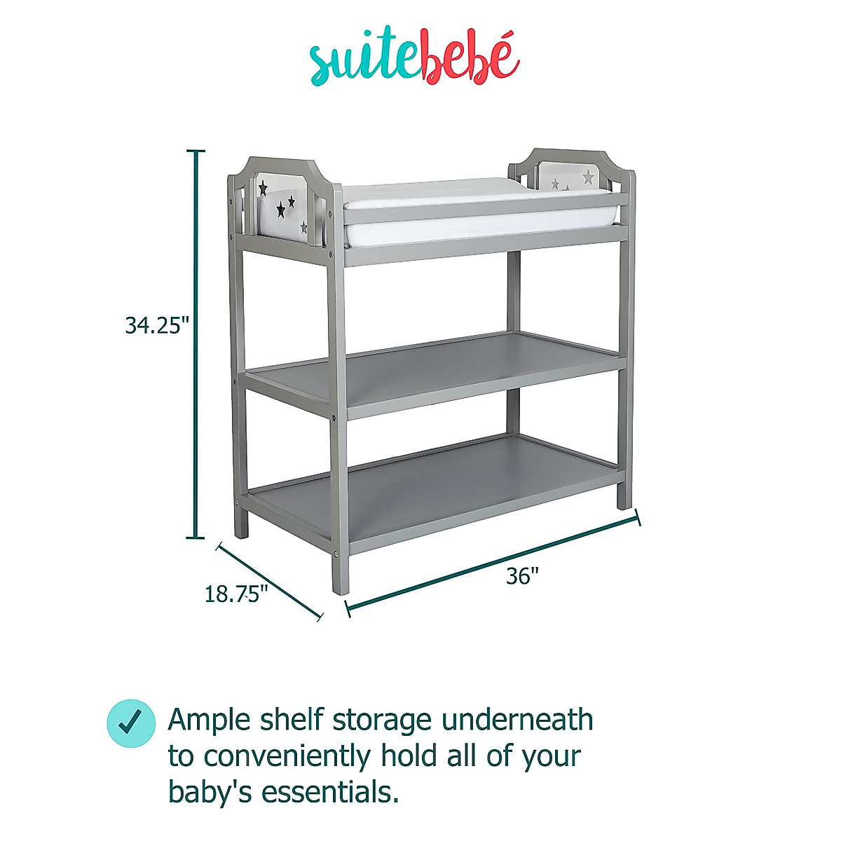 Suite Bebe Celeste Changing Table Safety Rail Included, Light Grey