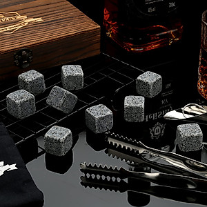 Whiskey Stones Gifts Set - 9 Granite Chilling Stones Whisky Rocks - Reusable Ice Cubes with Tongs Stopper, for Men Dad Party Birthday Anniversary Holiday Father's Day Present
