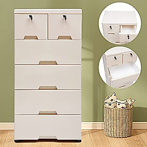 CNCEST Plastic Storage Cabinet with Lock Locker with 6 Drawers Storage Clothes Toys Books Plastic Storage Dresser Closet Drawers Beige