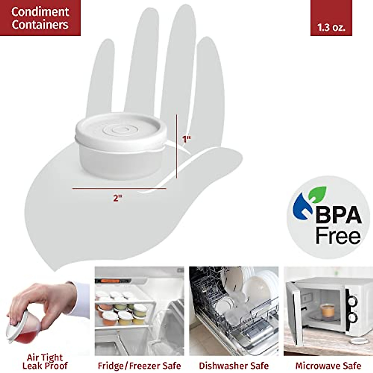 Condiment Cups Containers with Lids- 8 pk. 1.3 oz.Salad Dressing Container to go Small Food Storage Containers with Lids- Sauce Cups Leak proof Reusable Plastic BPA free for Lunch Box Picnic Travel