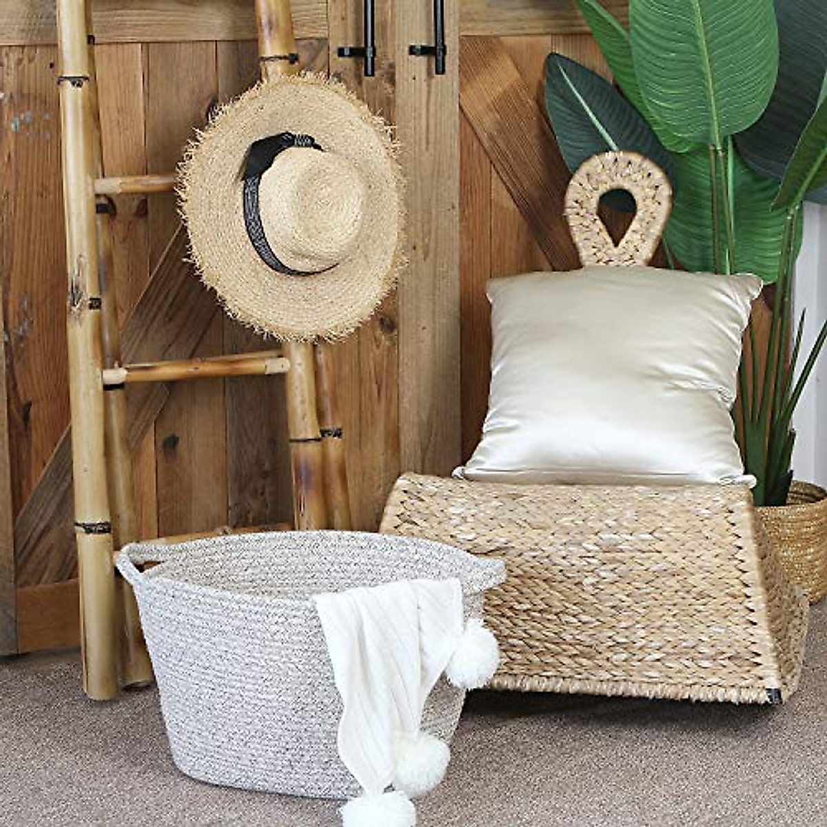 Sea Team Oval Cotton Rope Woven Storage Basket with Handles, Diaper Caddy, Nursery Nappies Organizer, Baby Shower Basket for Kid's Room, 14.2 x 9 x 11.4 Inches (Medium Size, Mottled Brown)