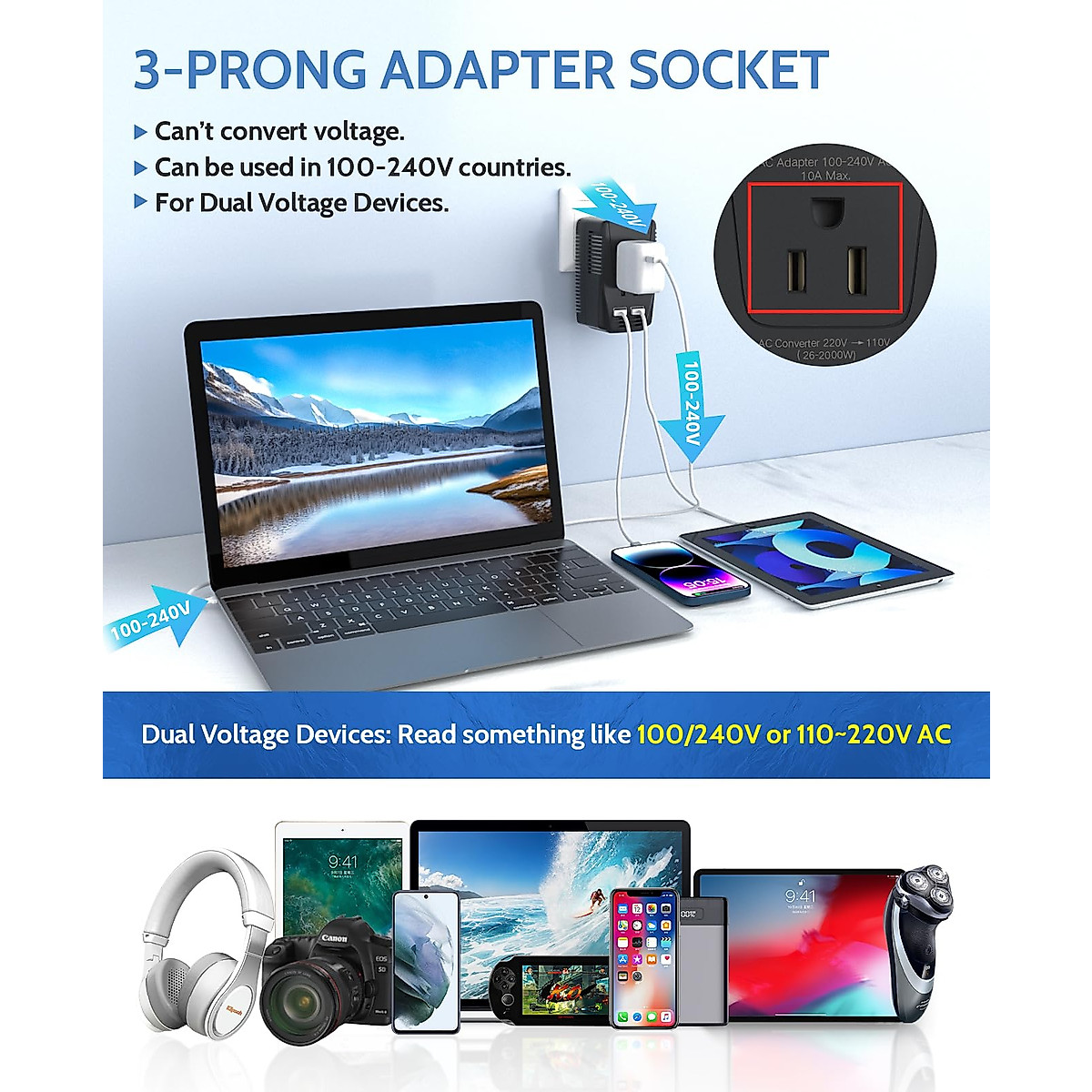 Upgraded DOACE® 2000W Travel Voltage Converter for Hair Dryer Straightener Curling Iron, Step Down 220V to 110V Converter, Power Adapter with 2 USB and EU/UK/AU/US Plugs for Laptop Camera Cell Phone