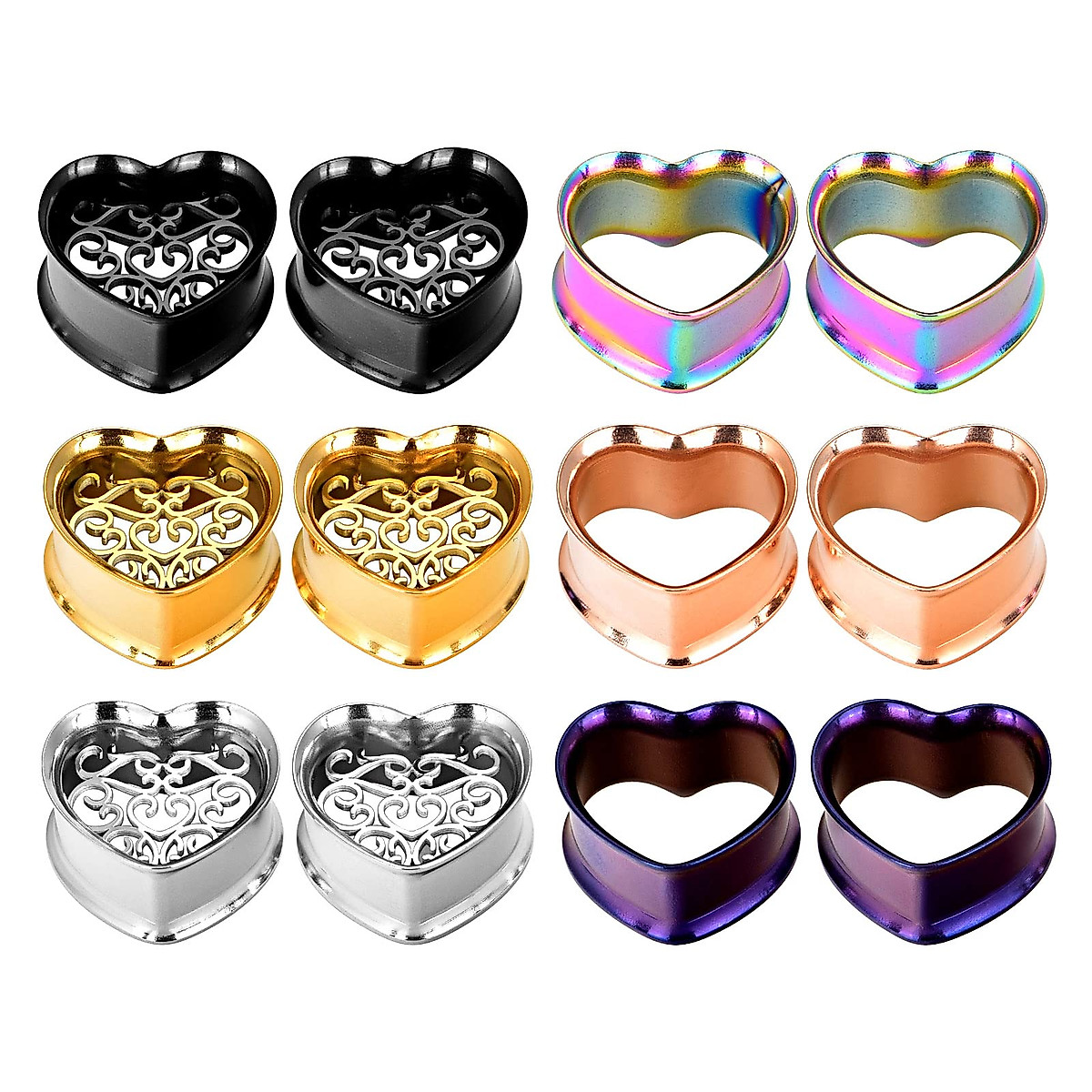 DERALA Stainless Steel Ear Tunnels 12pcs Hollow Heart Ear Gauges Stretcher Ear Piercing Expanders 00g