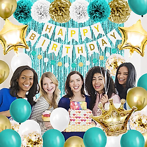 Iysoll Teal Blue and Gold Birthday Party Decorations Happy Birthday Banner Turquoise Aqua Teal Balloons Foil Fringe Curtain Tissue Pom Poms for Women Girls men boys