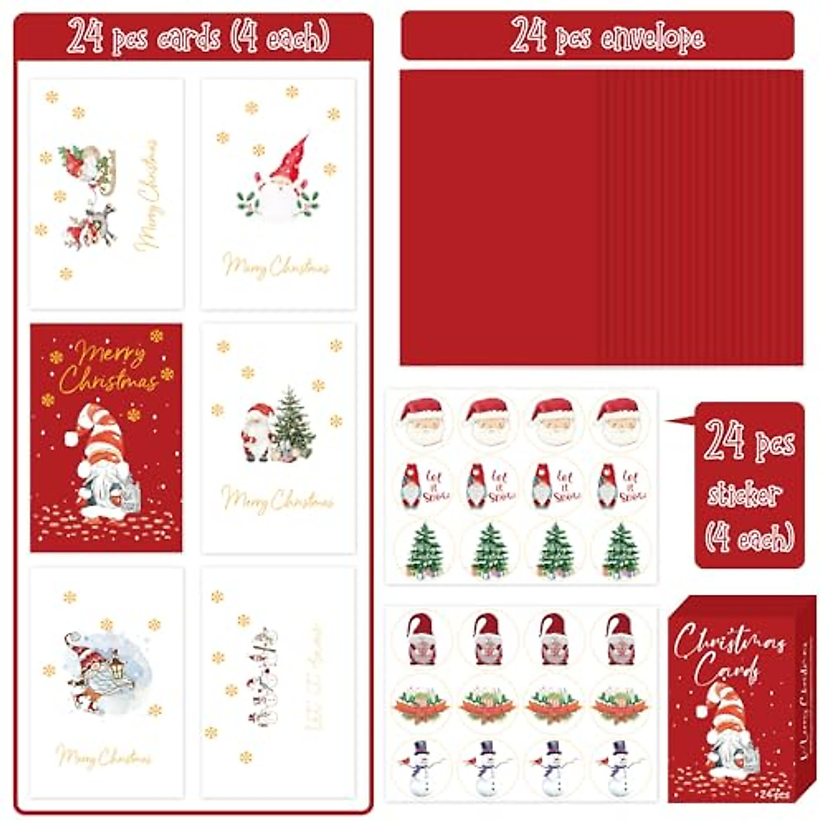 RINOLY Set of 24 Gnome Christmas Cards Boxed with Envelopes and Stickers,Gold Foil Christmas Gnome Cards,6 Assorted Designs Holiday Cards,Bulk Christmas Greeting Cards- 4x6 inch