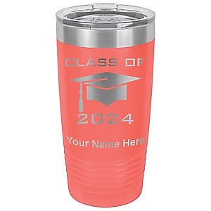 LaserGram 20oz Vacuum Insulated Tumbler Mug, Grad Cap Class of 2023, 2024, 2025, 2026, 2027, Personalized Engraving Included (Coral)
