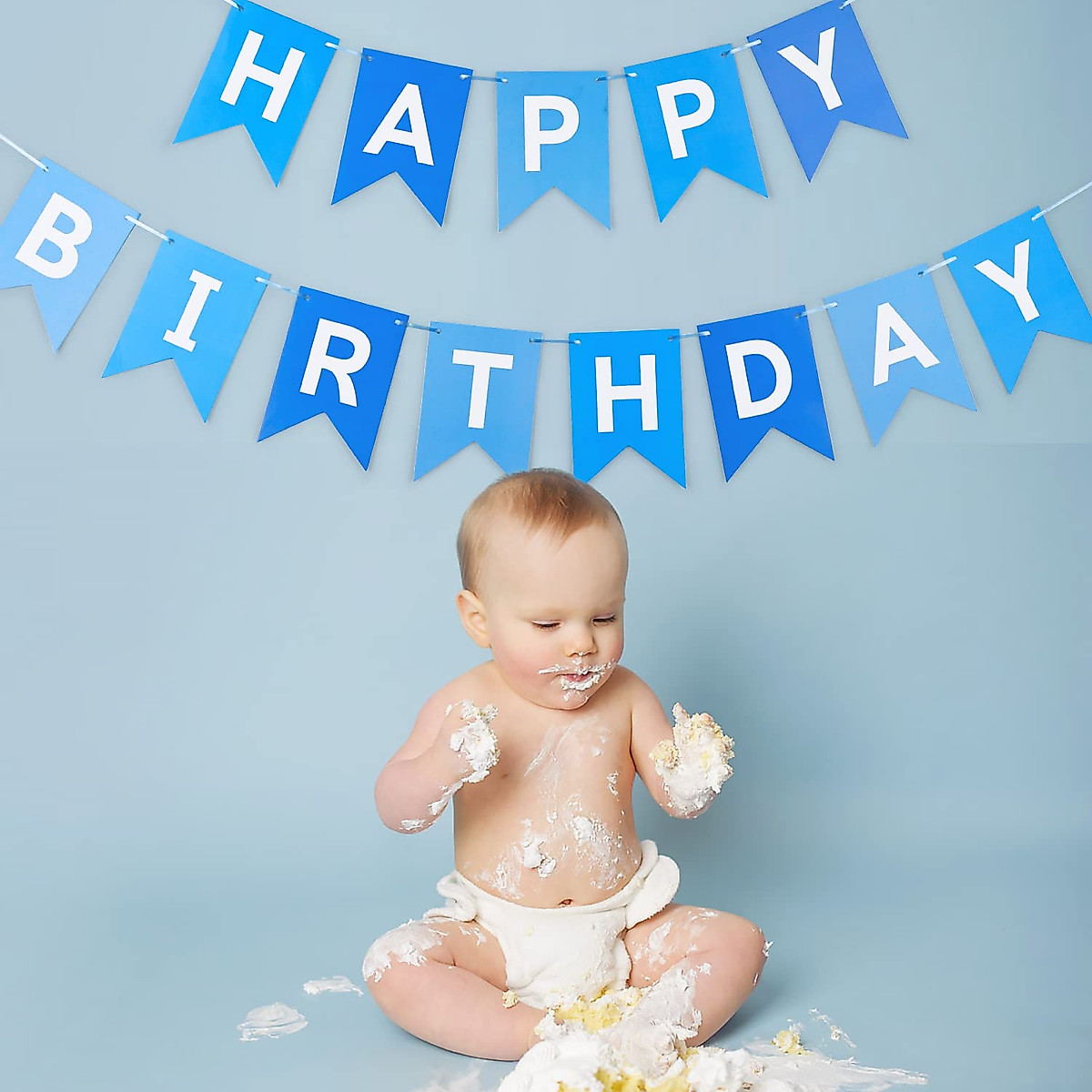 Eaezerav Happy Birthday Banner Blue Signs Happy Birthday Bunting Banner Garland for Baby Shower Gender Reveal Party Supplies for Boys Girls, Nursery Hanging Decoration Wall Backdrop