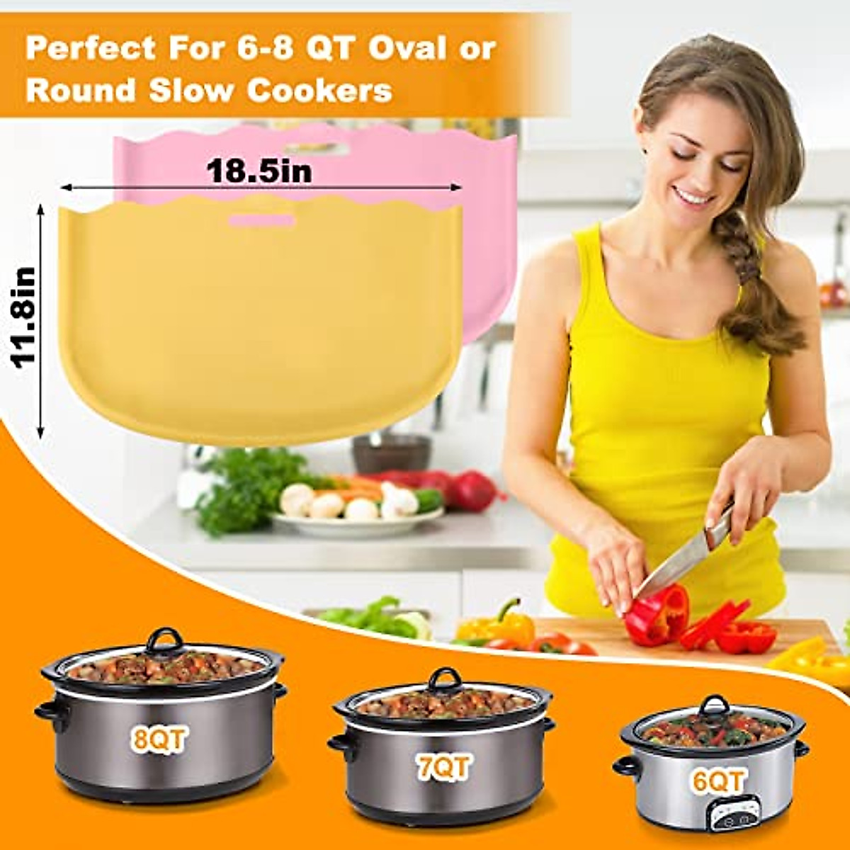 XANGNIER 2 Pack Silicone Slow Cooker Liners for 6,7,8 Quarts Crockpot, Reusable Silicone insert,Leakproof & Easy Clean,Cooking Bags for Oval or Round crock pot,Slow Cooker Accessories（Pink+Yellow）