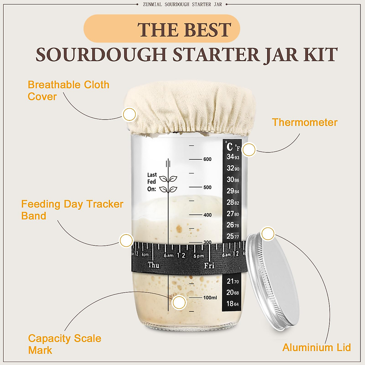 Sourdough Starter Jar, 2pcs Sourdough Starter Kit with Date Marked Feeding Band, Thermometer, Cloth Cover & Metal Lid, Reusable Sourdough Bread Baking Supplies, Home Baking Supplies