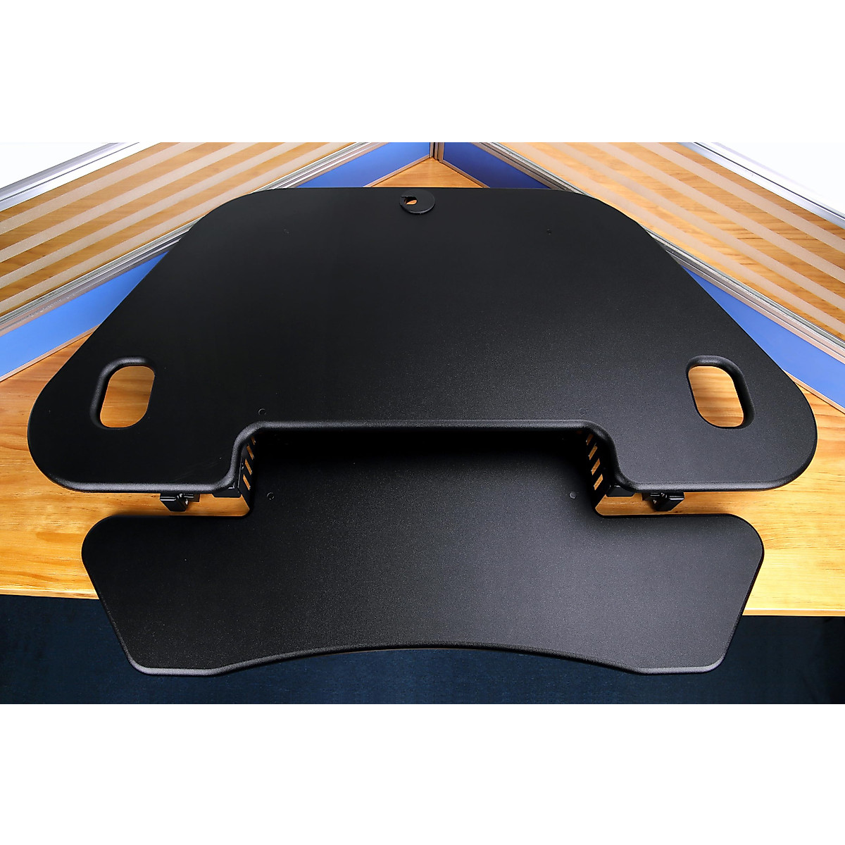 Rocelco 46" Height Adjustable Corner Standing Desk Converter, Quick Sit Standup Dual Monitor Riser, Gas Spring Assist Tabletop Computer Workstation, Large Keyboard Tray, (R CADRB-46), Black