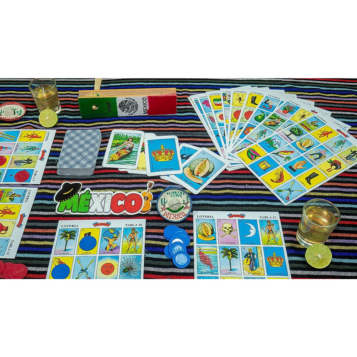 Loteria Mexican Bingo Game Kit - Loteria Bingo Game for 20 Players - Includes 1 Deck of Cards and Boards - with 100 Bingo Chips - for The Entire Family - Great for Learning Spanish.
