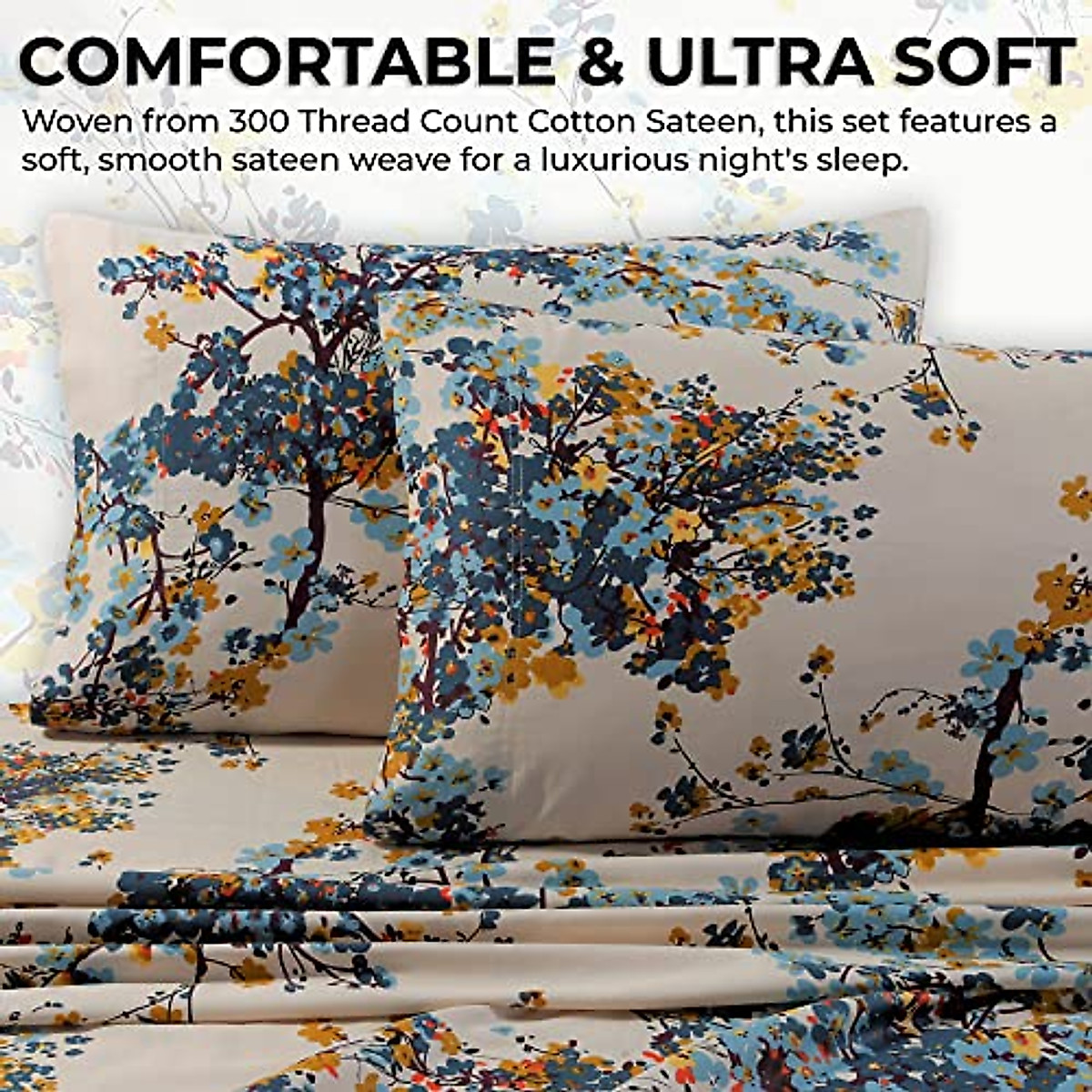 Tribeca Living King Bed Sheet Set, 300 Thread Count Soft Cotton Sateen, Floral Print with Extra Deep Pockets, 4-Piece Bedding Set, Casablanca/Multi