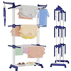 Rbitroise Clothes Drying Rack,Clothes Drying Rack Foldable,Drying Rack Clothing Folding,4-Tier Laundry Drying Rack for Clothes,Rolling Clothes Horses Dryer Rack,-Dark Blue